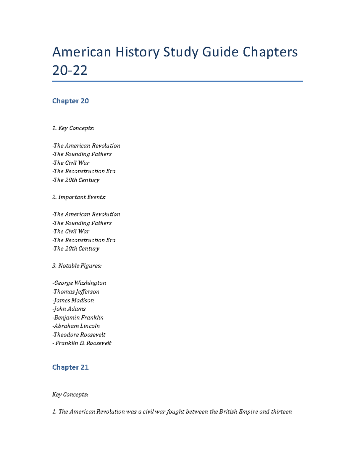 American History Study Guide: Key Concepts from Chapters 20-22 - Studocu