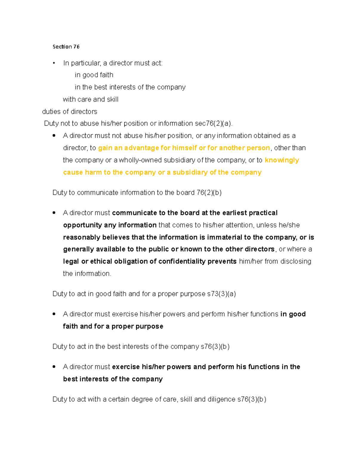 Summary of Duties & Appointment of Directors - Section 76 - Studocu
