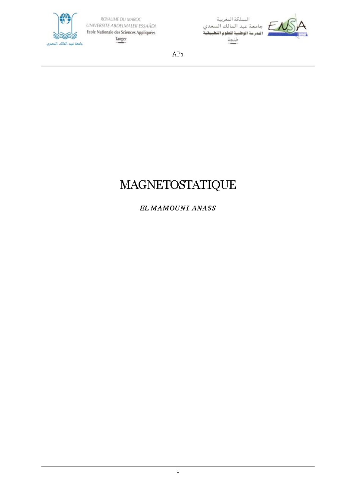 AP1 MAGNETOSTATIQUE - CHAMP MAGNETOSTATIQUE DANS LE VIDE - Studocu
