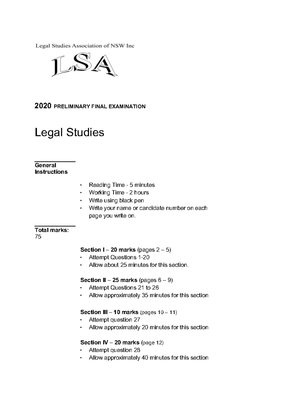 2020 PRELIMINARY FINAL EXAM Legal Studies LSA - General Instructions ...