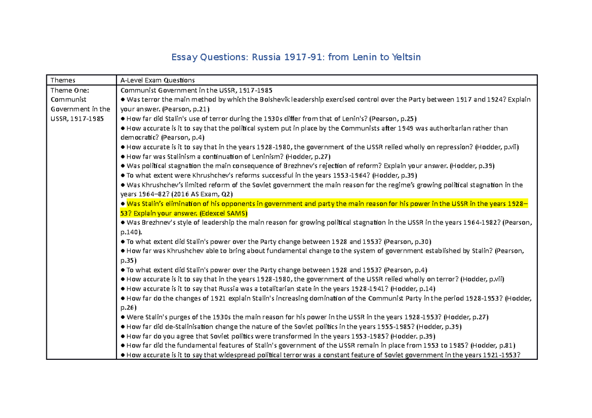 Russia essay questions - Essay Questions: Russia 1917-91: from Lenin to ...
