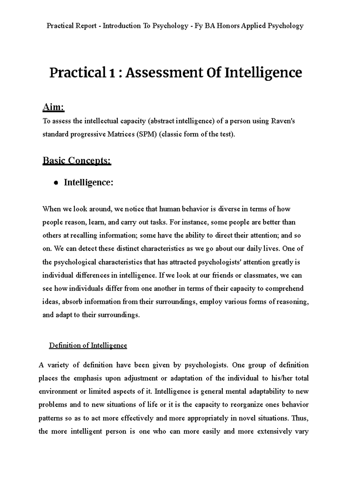 RSPM Practical Report: Intelligence Assessment in Psychology - Studocu