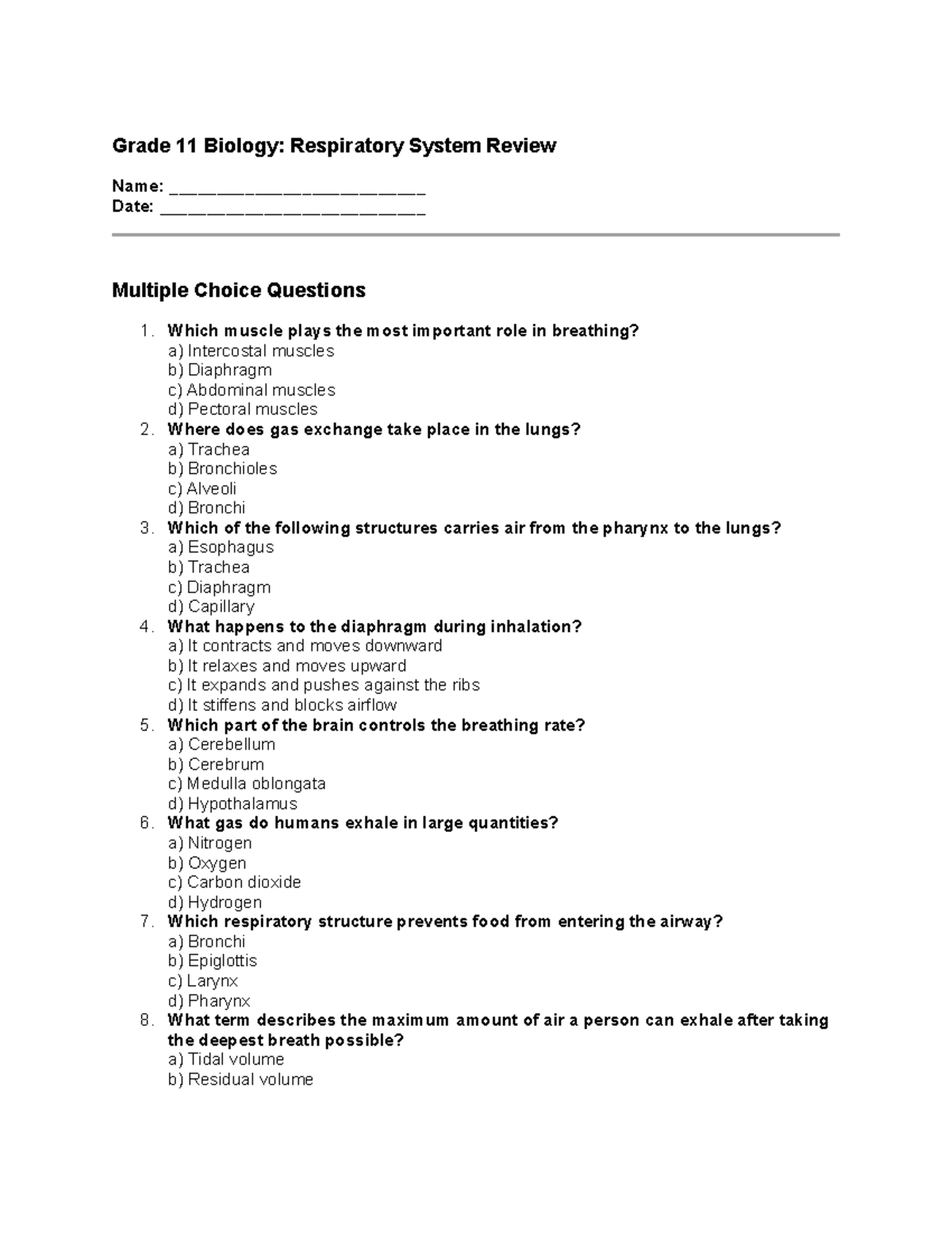 Grade 11 Biology: Respiratory System MCQ Review Guide - Studocu