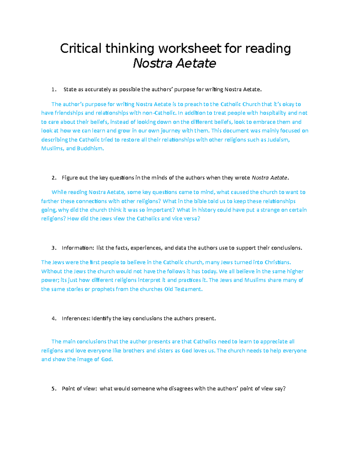 Critical thinking worksheet - The author’s purpose for writing Nostra ...