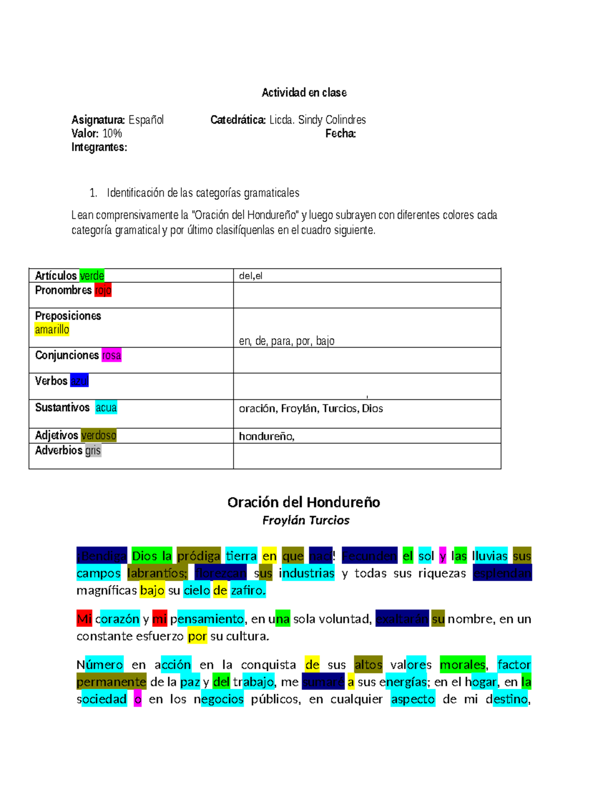 Actividad en clase: Identificación de categorías gramaticales en ...