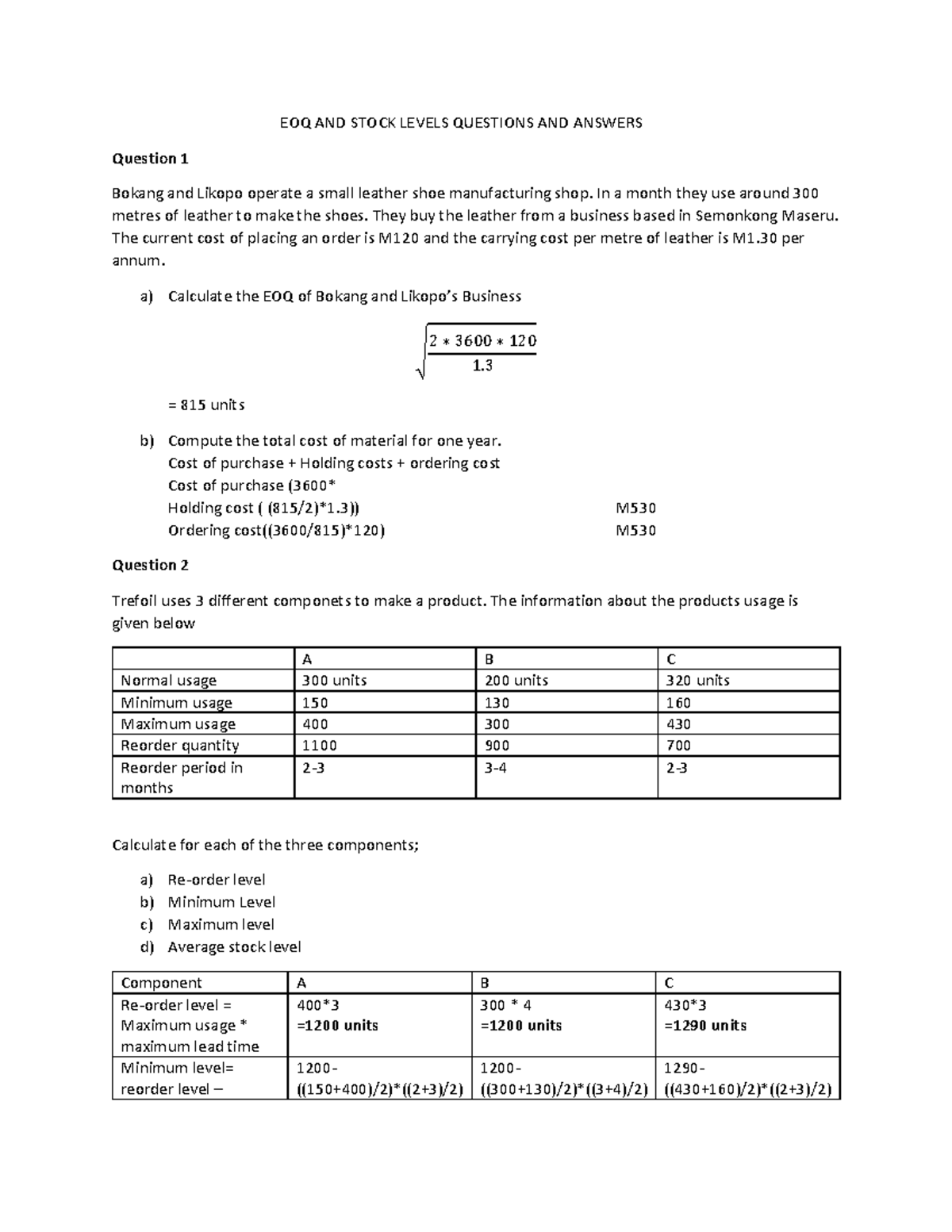 EOQ and Stock Levels: Questions and Answers for Logistics Analysis ...