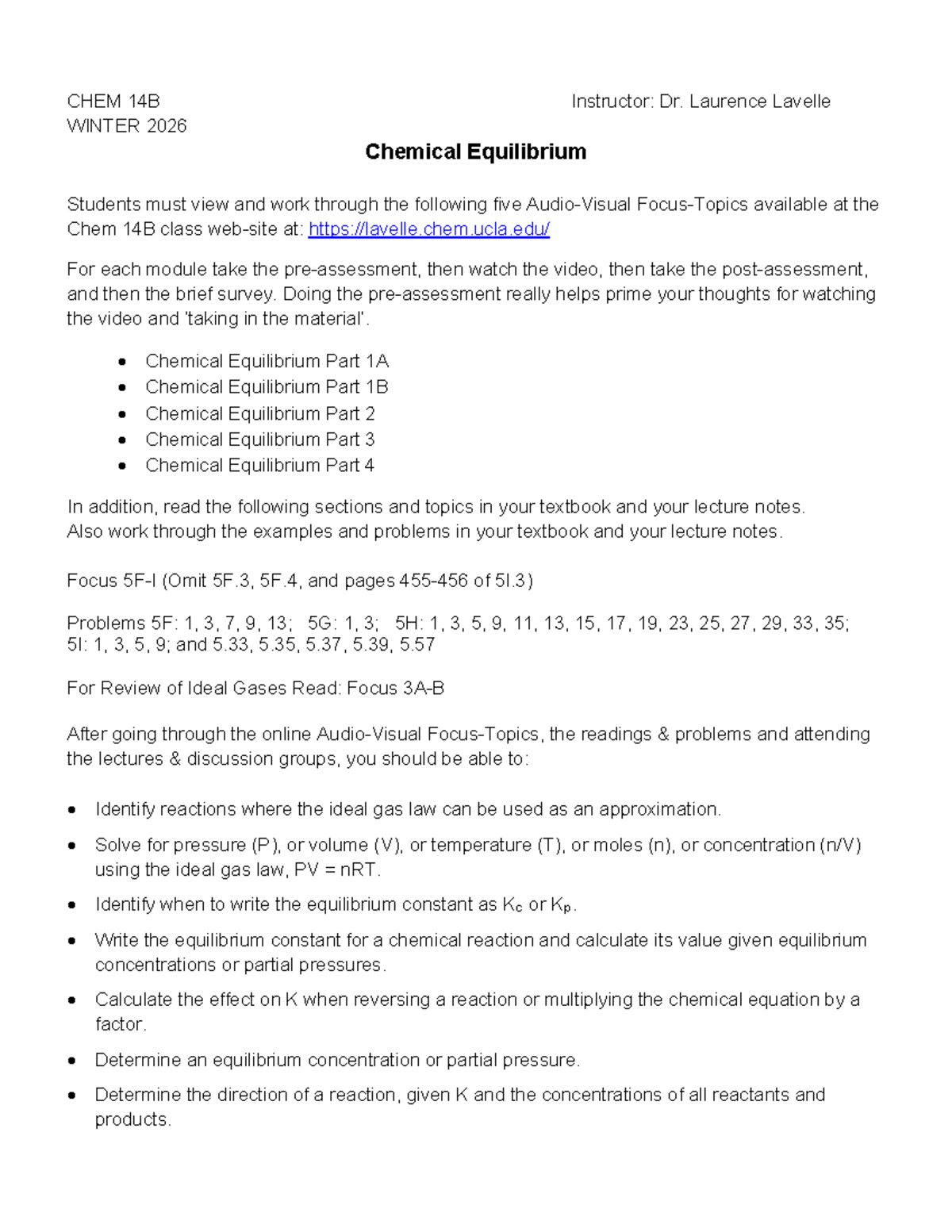 CHEM 14B WINTER 2026 Chemical Equilibrium Study Guide - Studocu