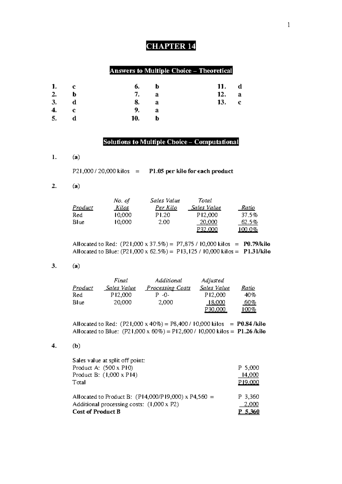 Chapter 14 Solutions: Multiple Choice & Joint Cost Allocations - Studocu