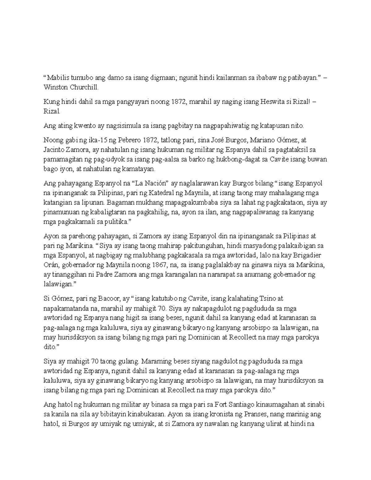 Gomburza: Pagsusuri sa Pagbitay ng Tatlong Pari noong 1872 - Studocu