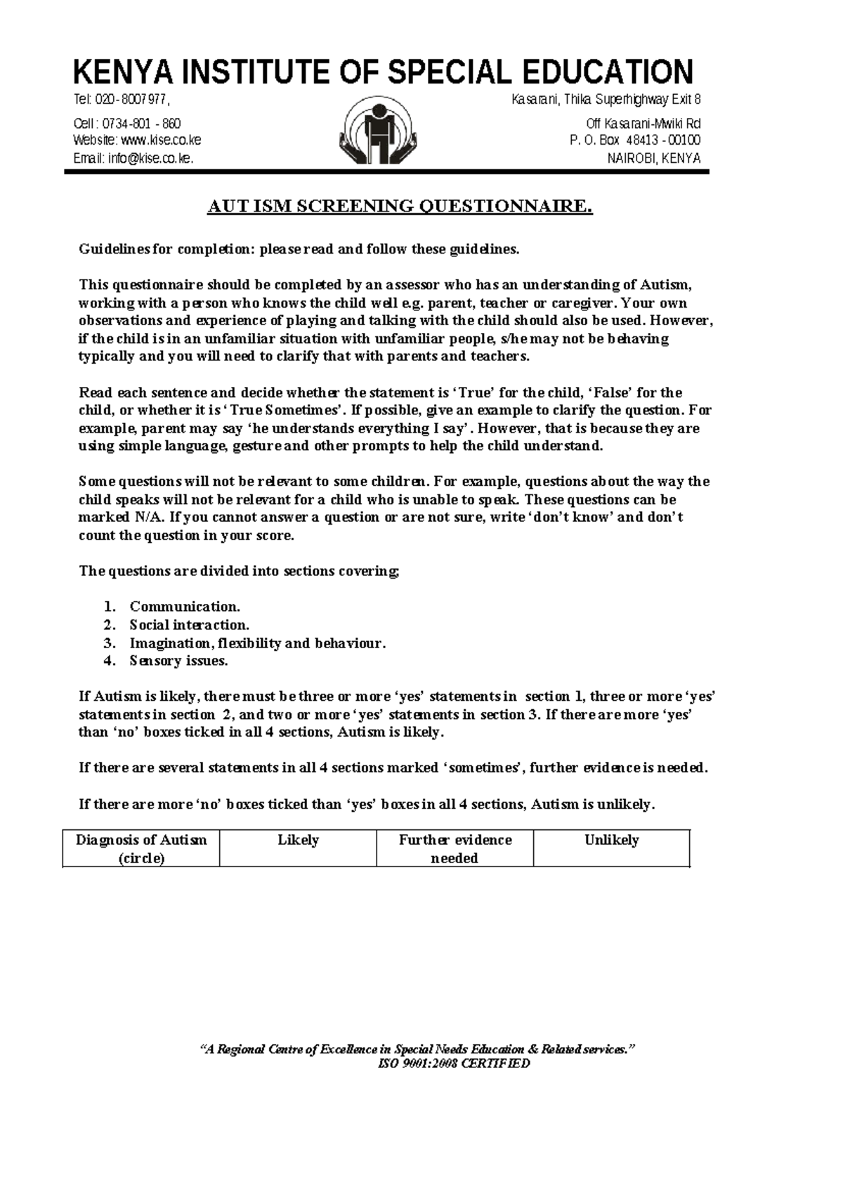 A3 - Autism Screening Questionnaire Guidelines for Completion - Studocu