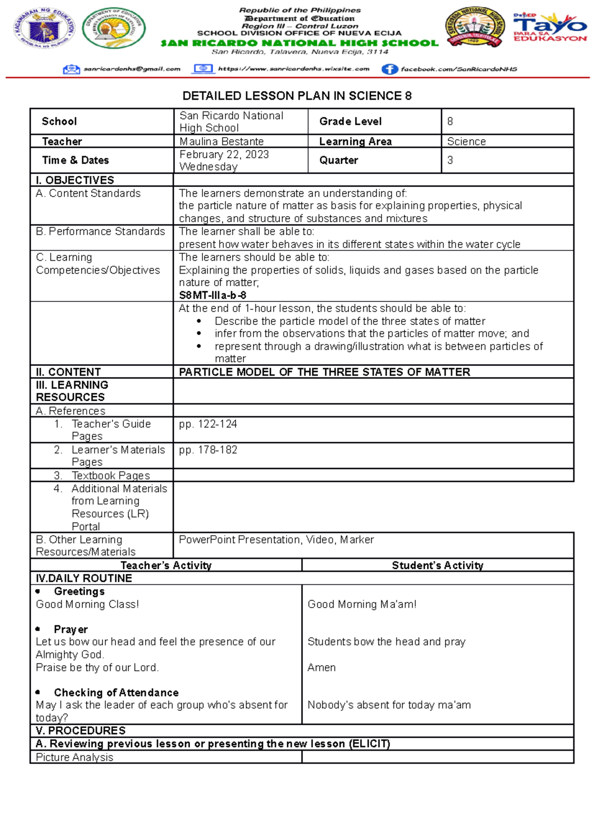 DAY 3 Particle Model OF THE Three States OF Matter - DETAILED LESSON ...