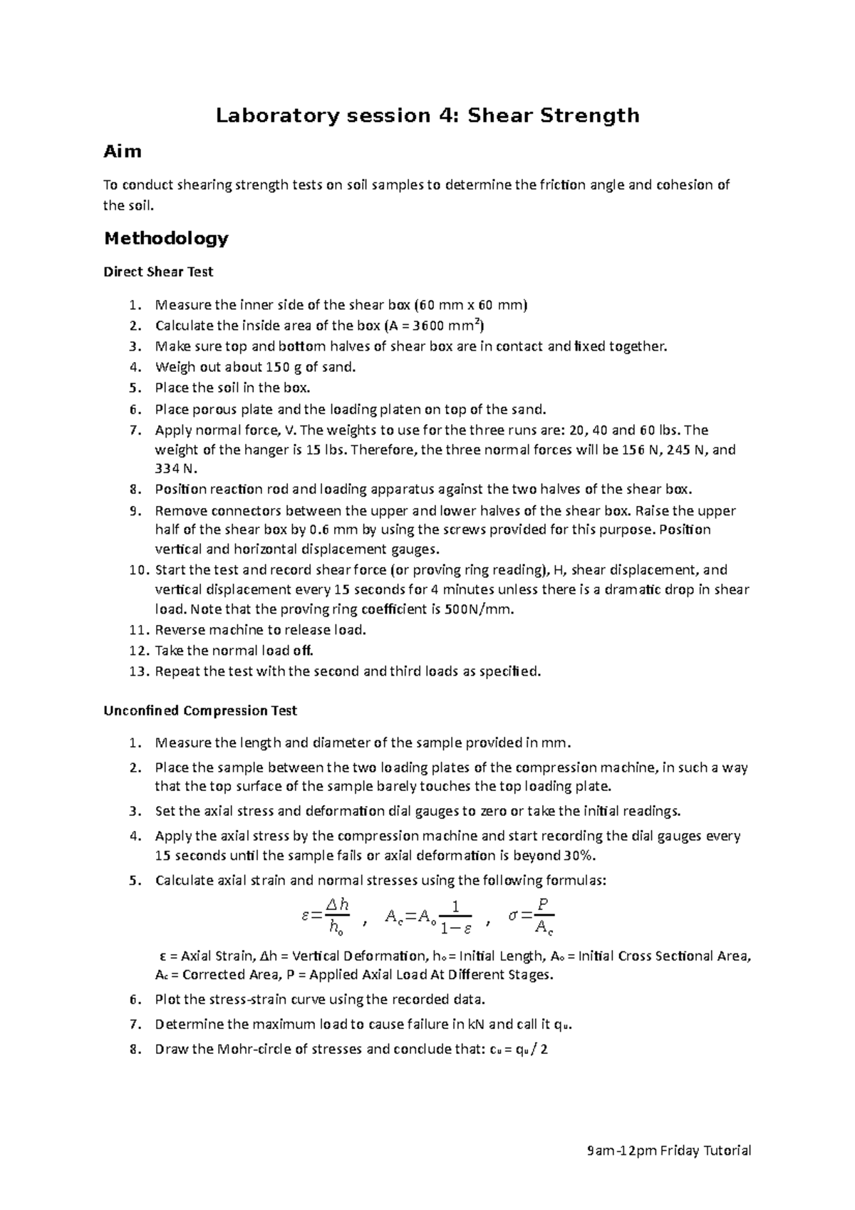 Laboratory Session 4: Shear Strength Tests and Analysis - Studocu