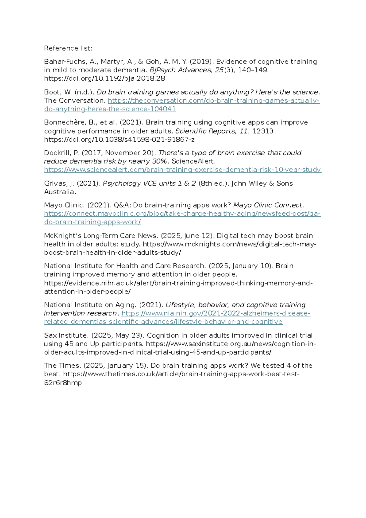 Reference List - Cognitive Training & Dementia Studies - Studocu