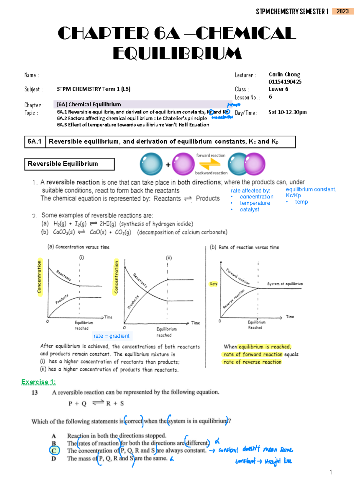 Chapter 6A: Chemical Equilibrium Notes - STPM Chemistry L6 - Studocu