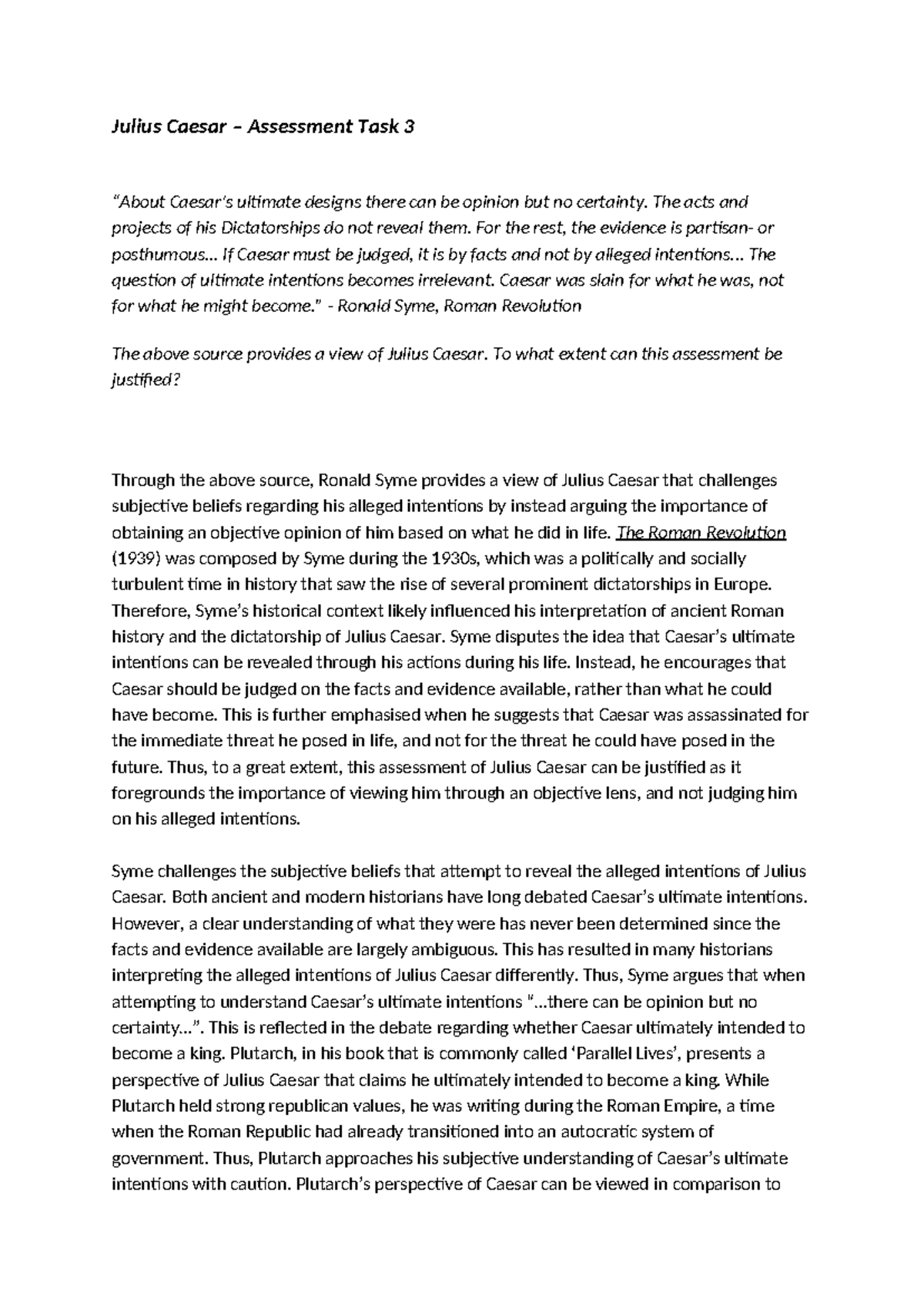 Julius Caesar Essay: Analyzing Syme's Perspective on His Intentions ...