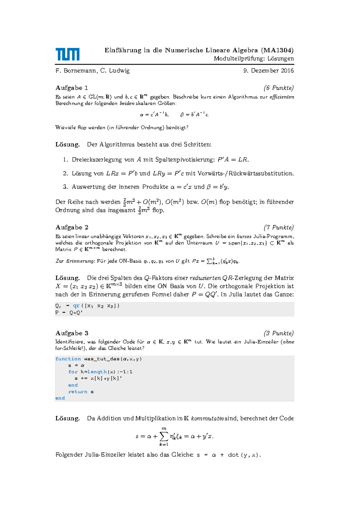 Num Lin Alg (MA1304) Midterm Exam Solutions - 09.12.16 - Studocu