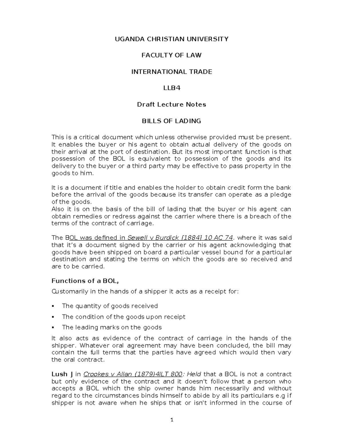 UGANDA CHRISTIAN UNIVERSITY LLB: Draft Lecture Notes on Bills of Lading ...