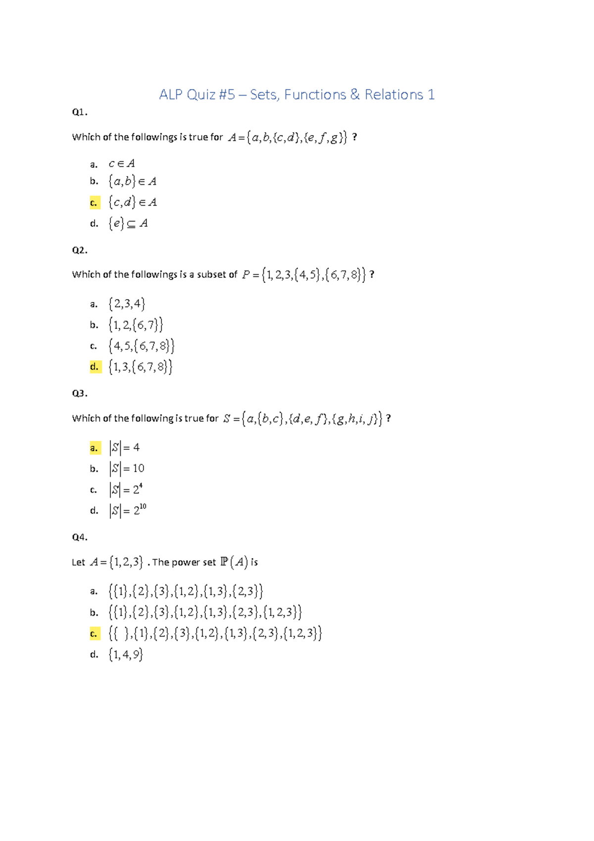 ALP Quiz 5: Sets, Functions, and Relations I - Studocu