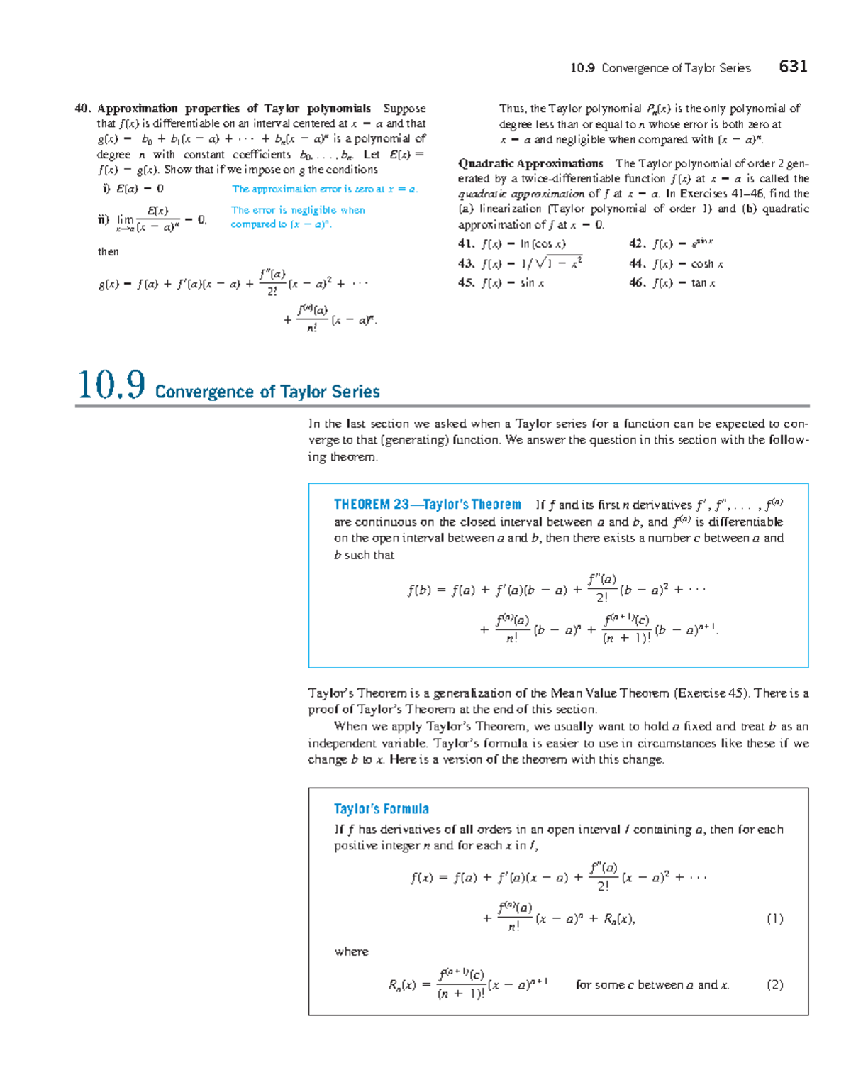 Convergence of Taylor Series: Approximation Properties (Thomas Calculus ...