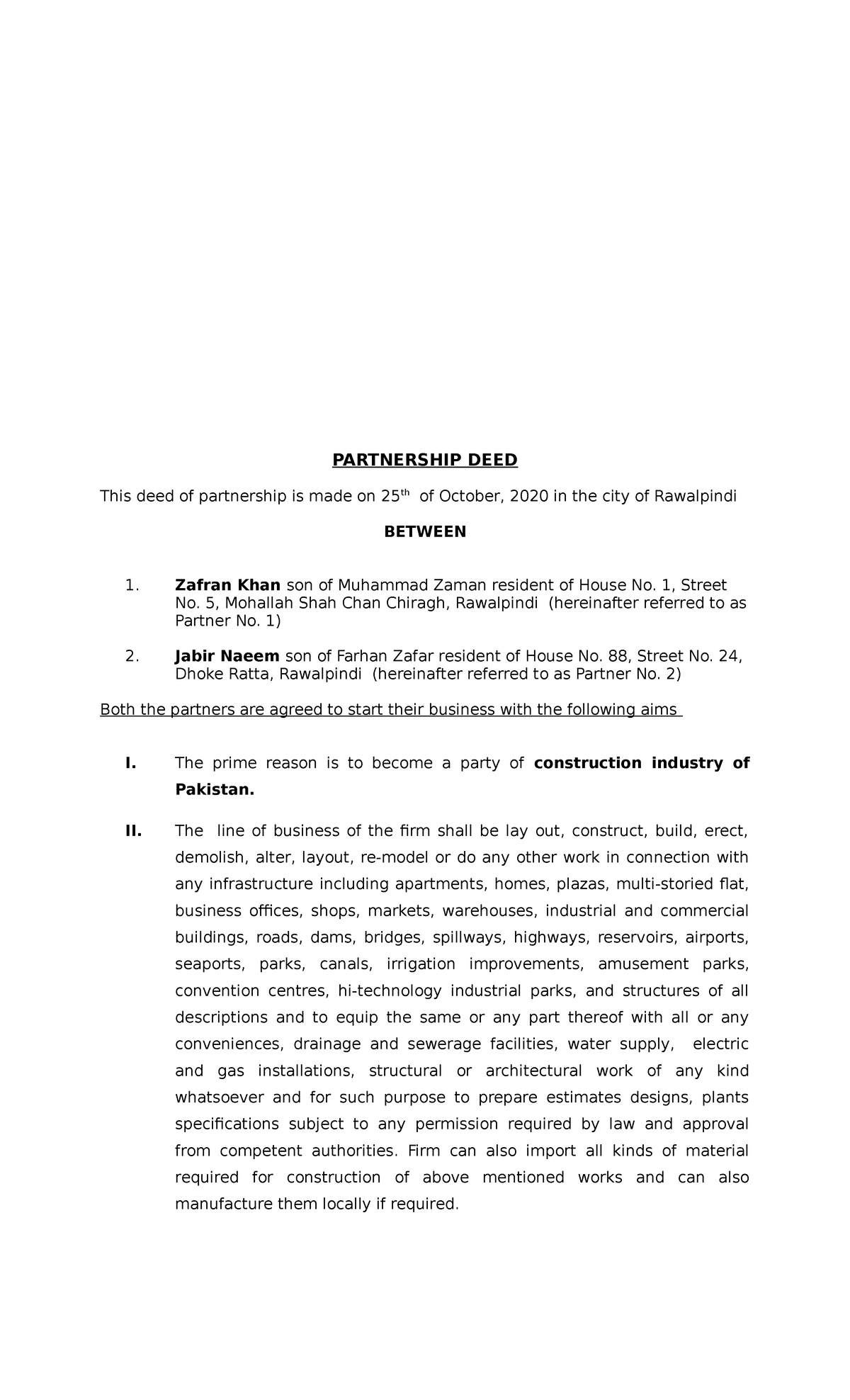 Partnership Deed Format for Construction Business in English - Studocu