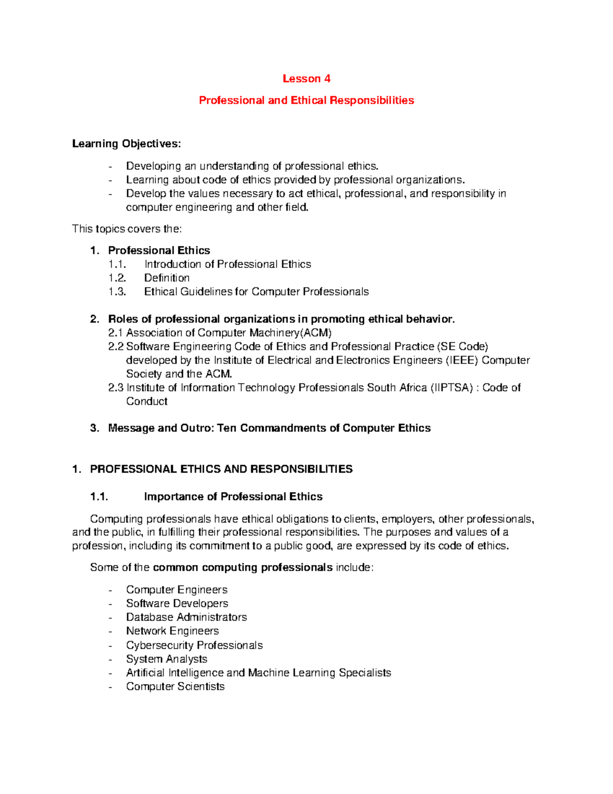 Lesson 4: Professional & Ethical Responsibilities in CPE PC 3220 - Studocu