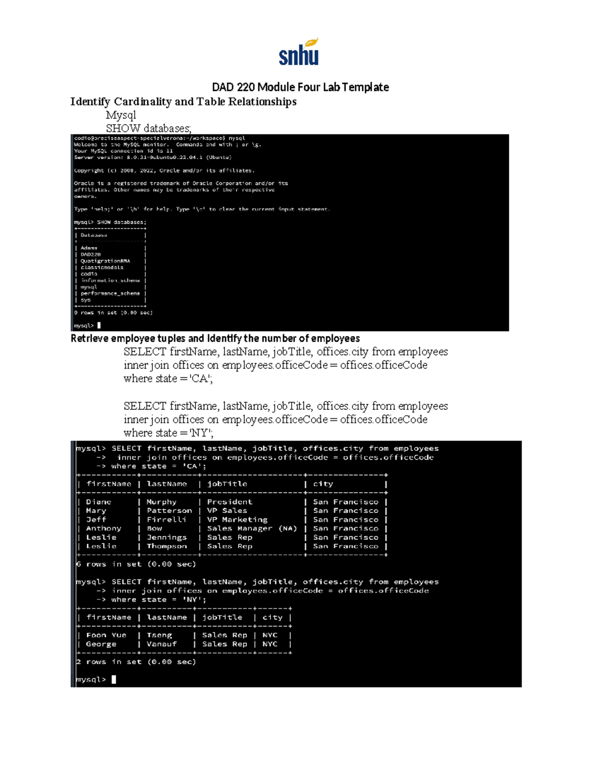 4-2 Labs dad 220 - DAD 220 Module Four Lab Template Identify Cardinality and Table Relationships ...