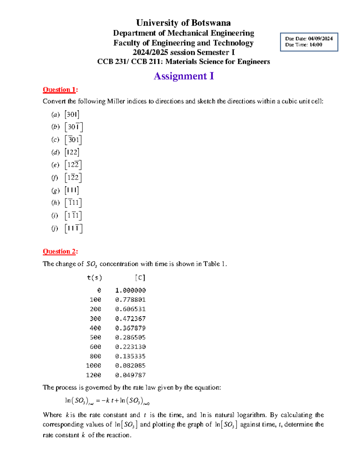 CCB 211: Materials Science Assignment I - Directions & Rate Constant ...