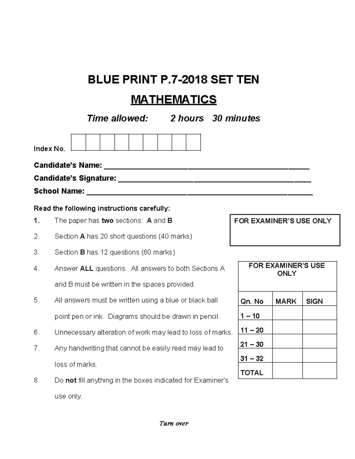 Mathematics Exam Blueprint P.7-2018 Set Ten: Instructions & Questions ...