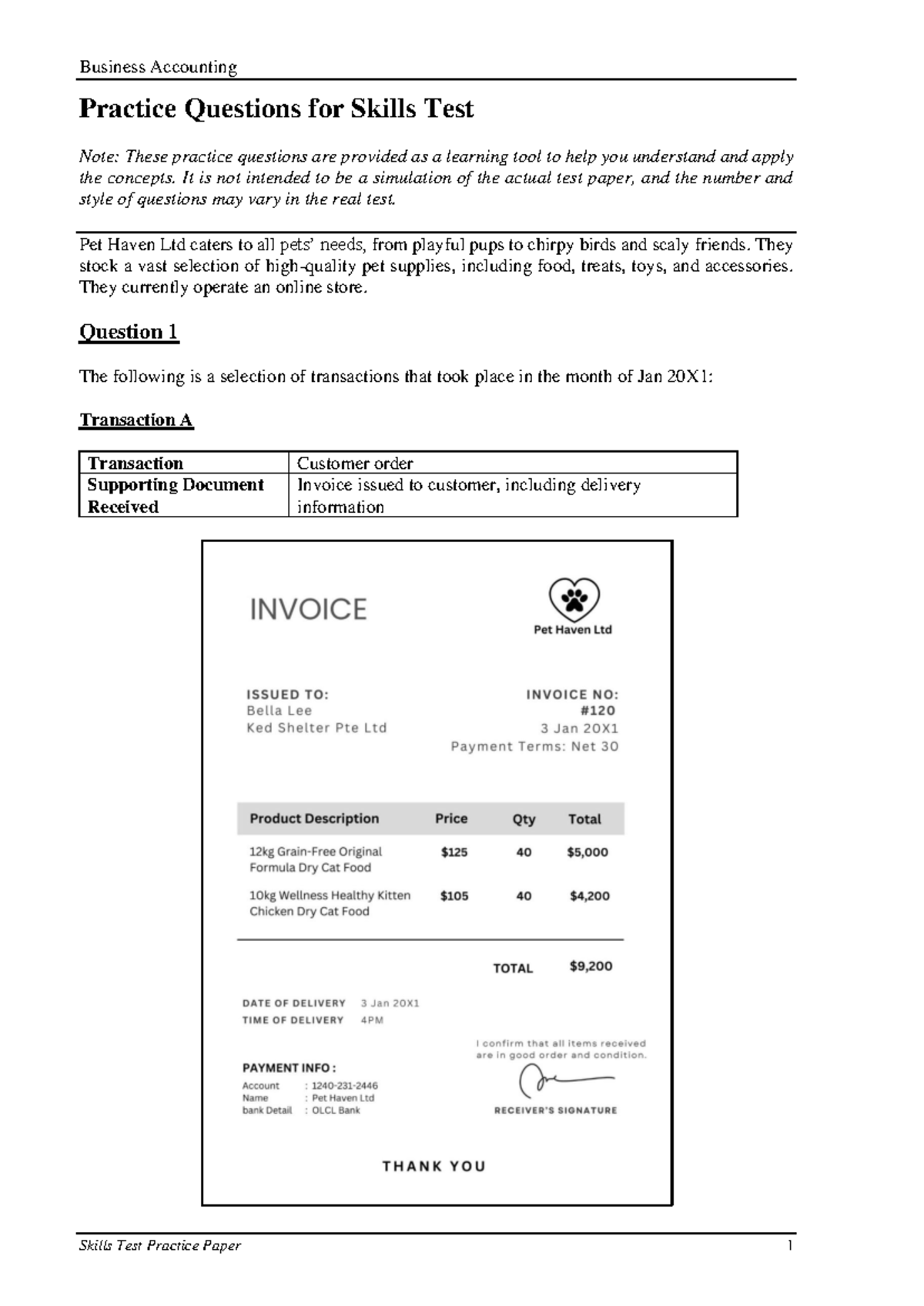 Business Accounting Skills Test Practice Questions for Pet Haven Ltd ...