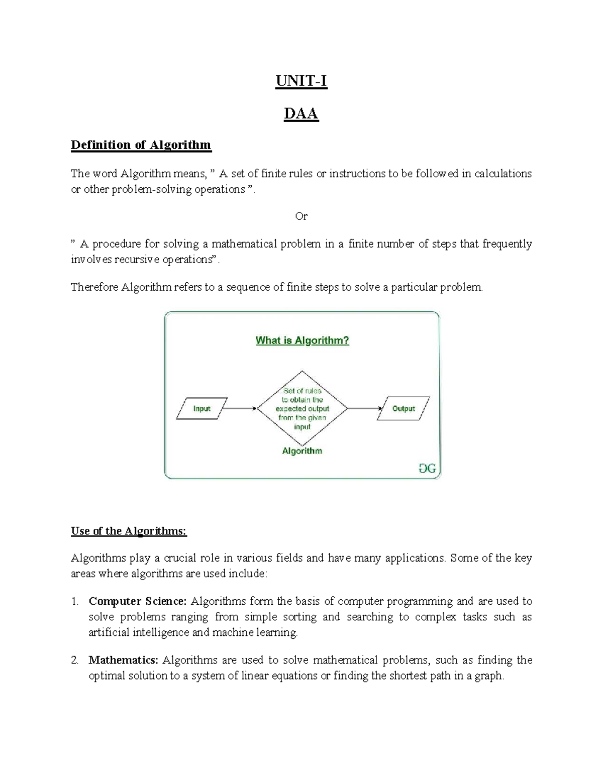 DAA Unit 1: Comprehensive Notes on Algorithms and Their Applications ...