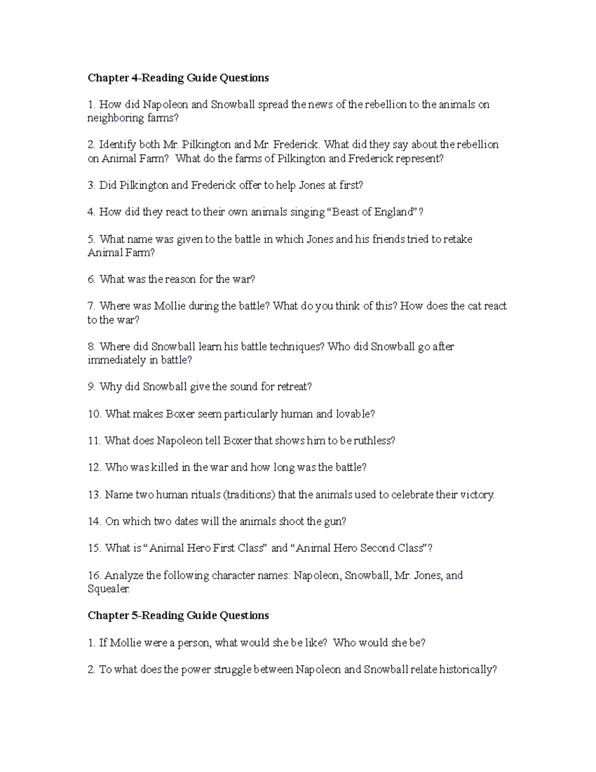 Chapters 4-10 Animal Farm by George Orwell - Chapter 4-Reading Guide ...
