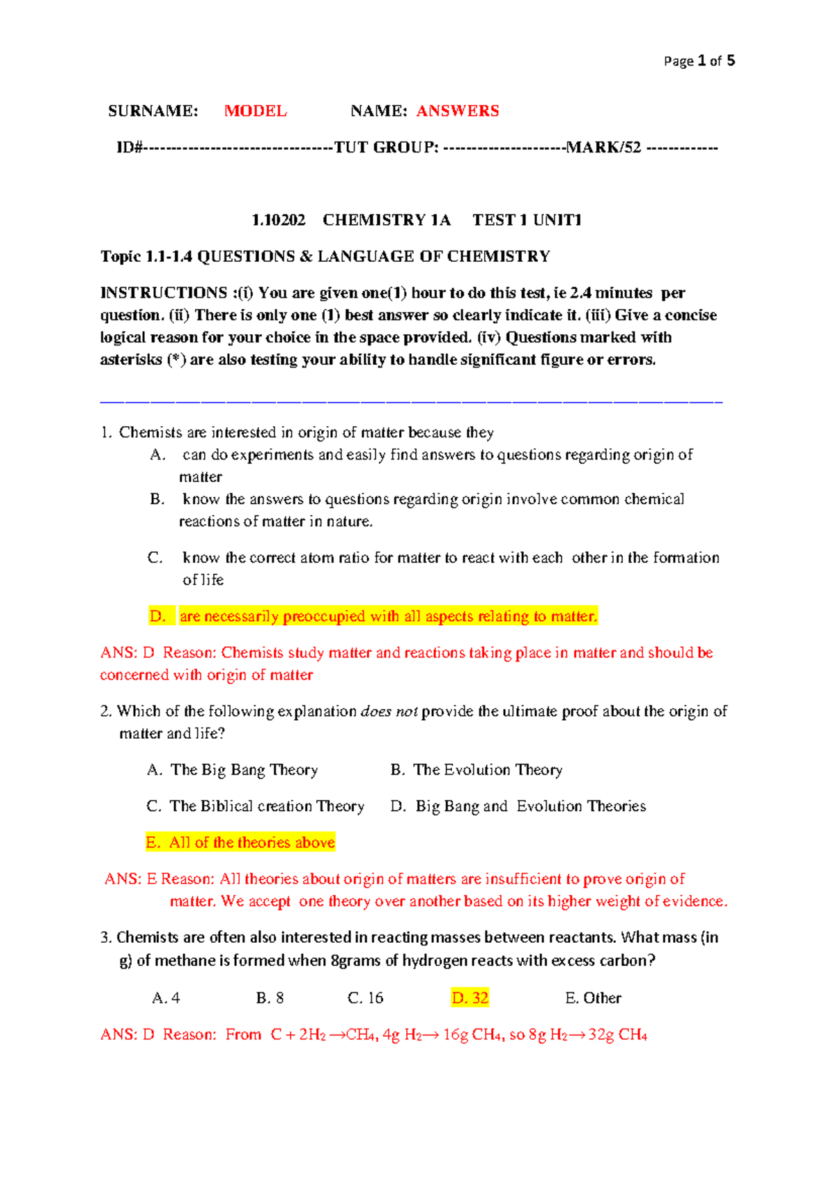 CHEM 1A Test 1 Topic 1 Answers and Explanations - Studocu