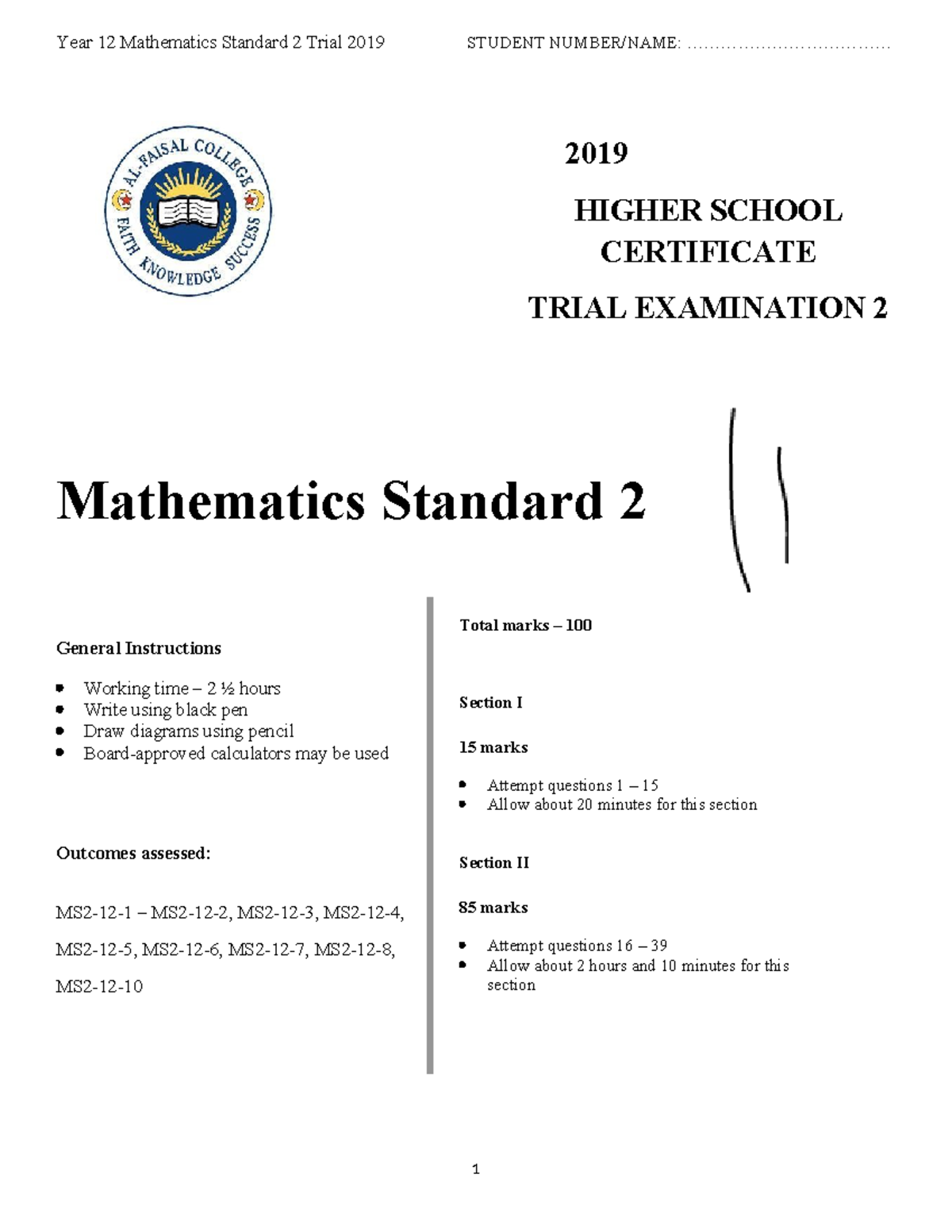 Year 12 Mathematics Standard 2 Trial Exam 2019 - HSC Preparation - Studocu