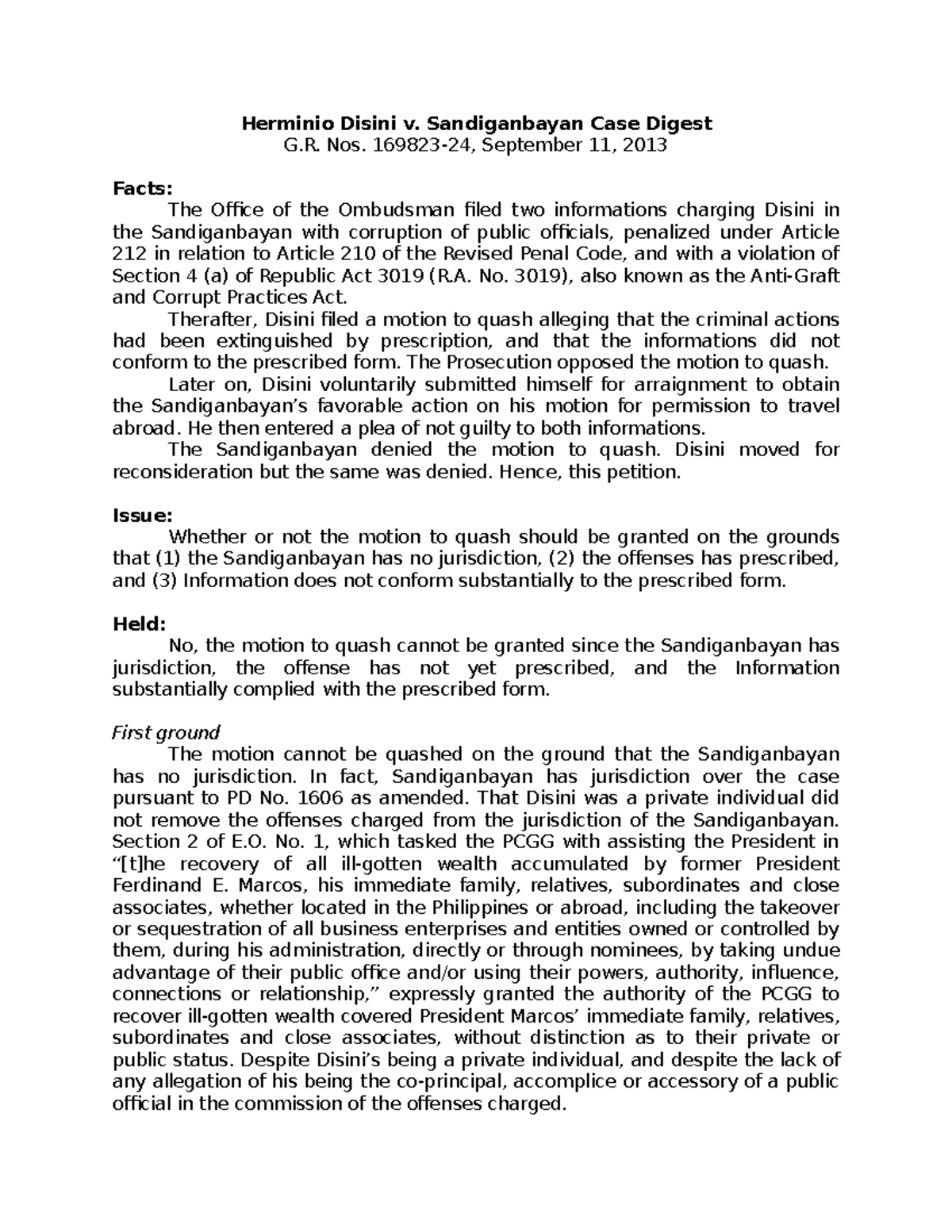 Herminio Disini v. Sandiganbayan Case Digest G.R. Nos. 2013-09-11 - Studocu
