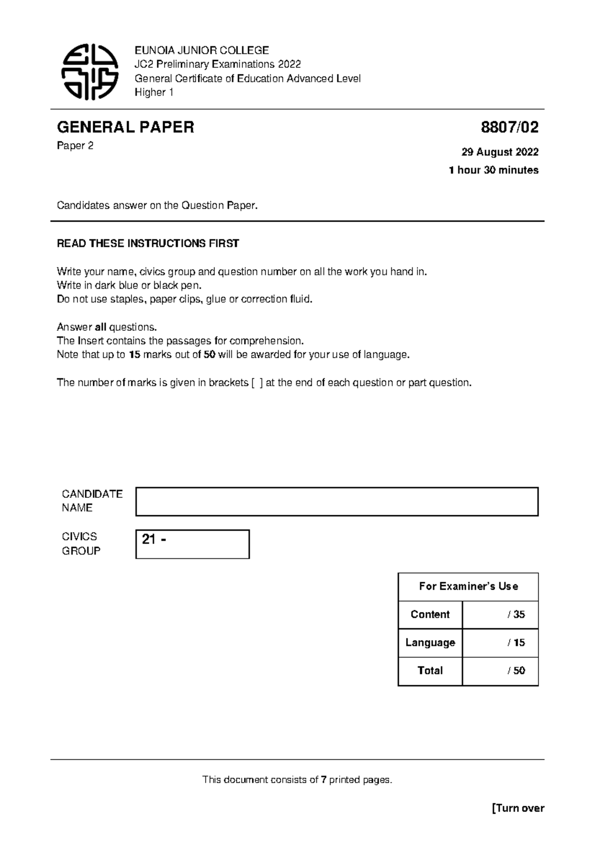 2022 JC2 GP Preliminary Exam Paper 2 Answer Booklet - Studocu