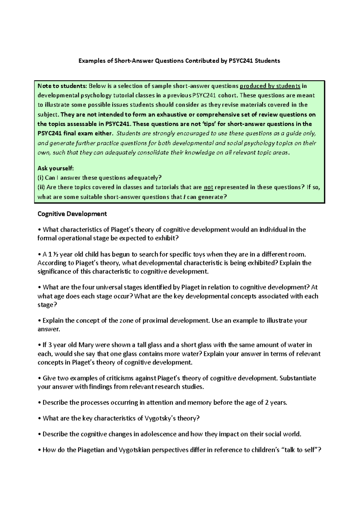 Examples of Short Answer Questions for PSYC241 Students - Studocu
