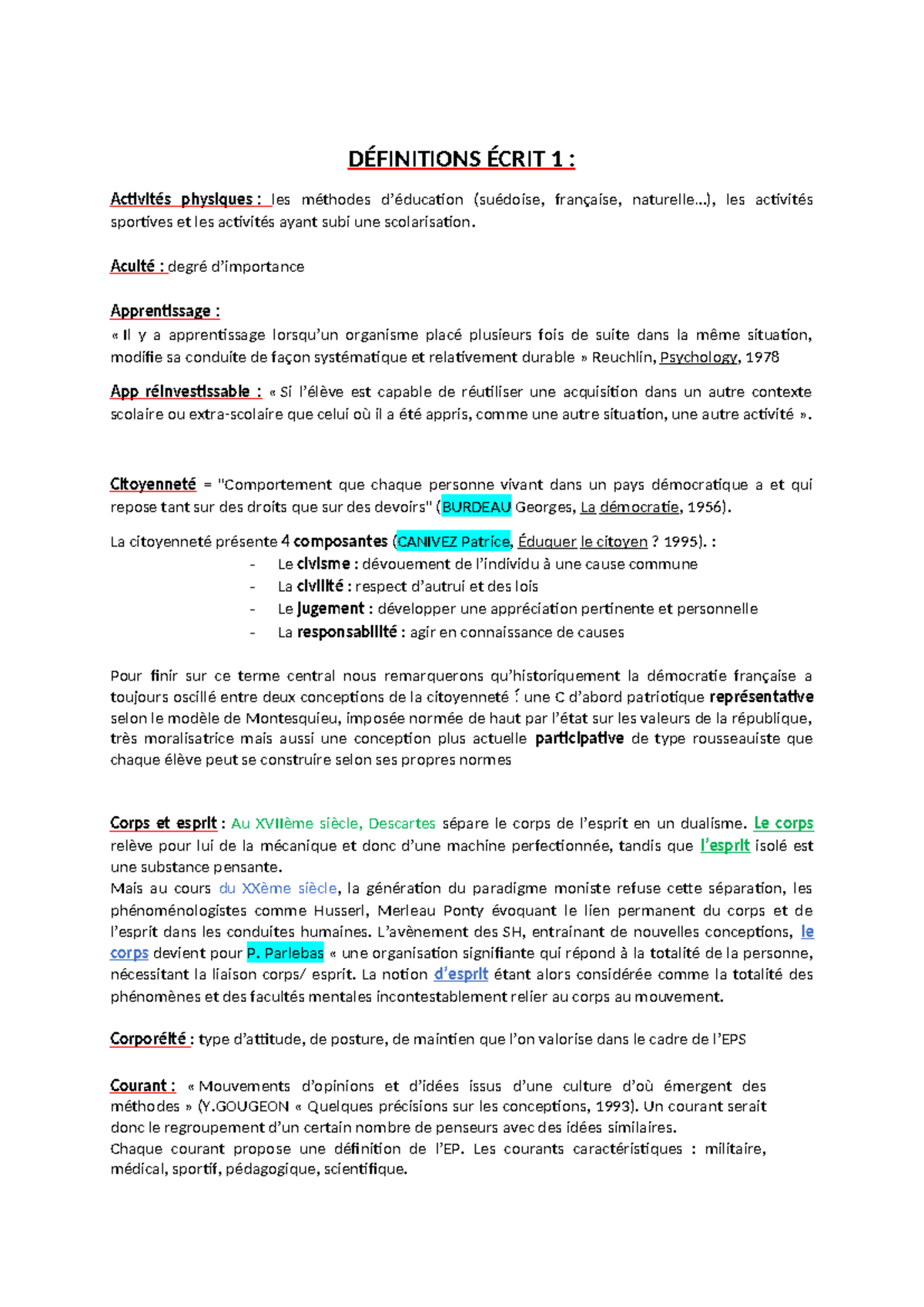 Définitions et Notions Clés de l'ÉCRIT 1 - Éducation Physique et ...