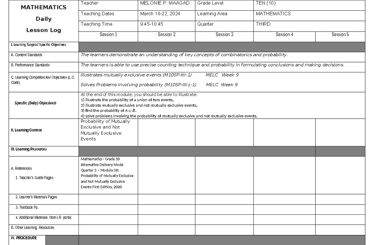 Daily Lesson Log - MATHEMATICS Daily Lesson Log Teacher MELONIE P ...