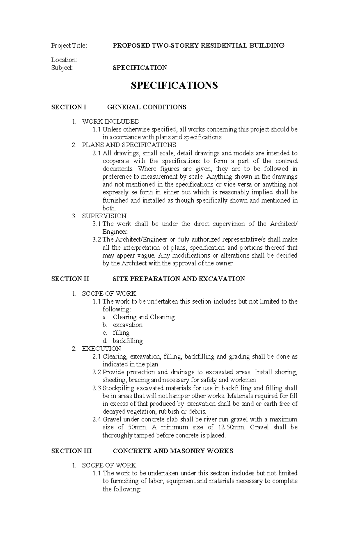 Proposed Residential Building Specifications and General Conditions ...