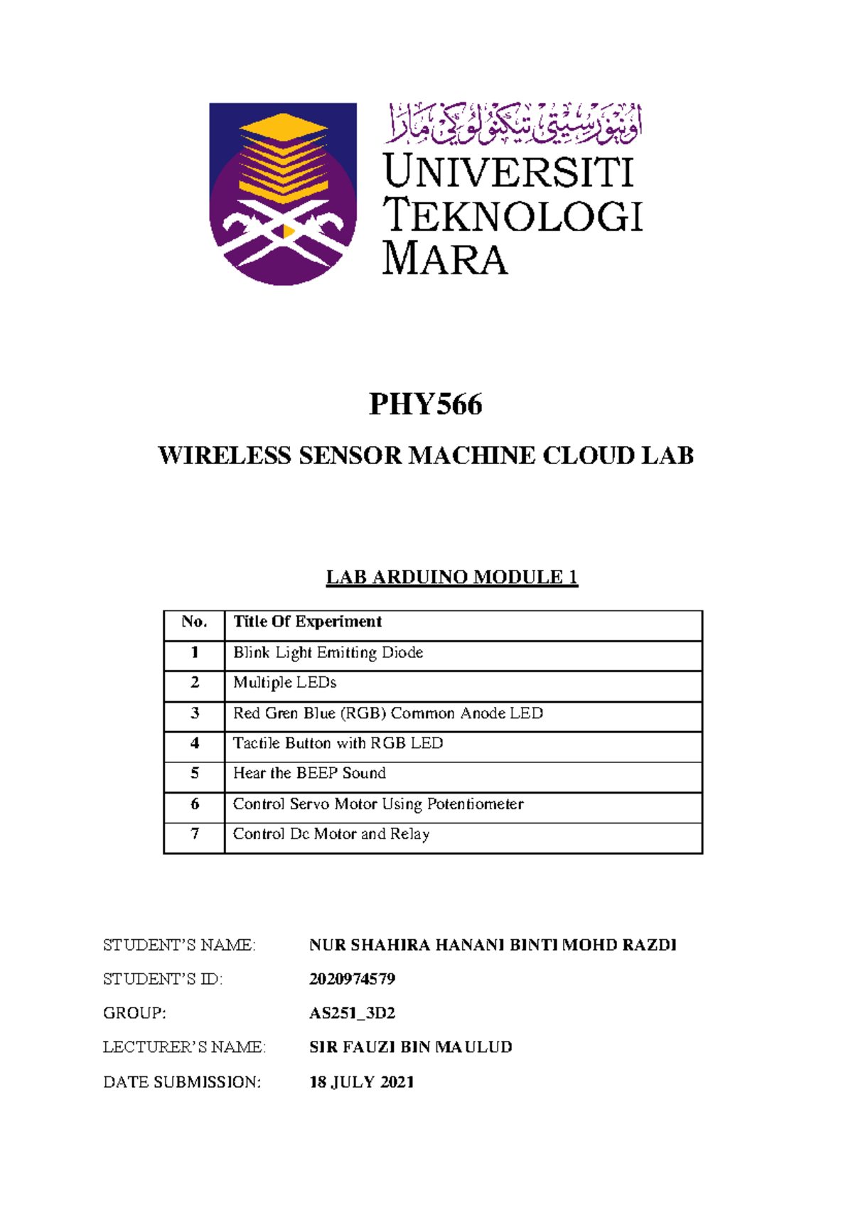 LAB Report: Wireless Sensor Arduino Module 1 Experiments - Studocu