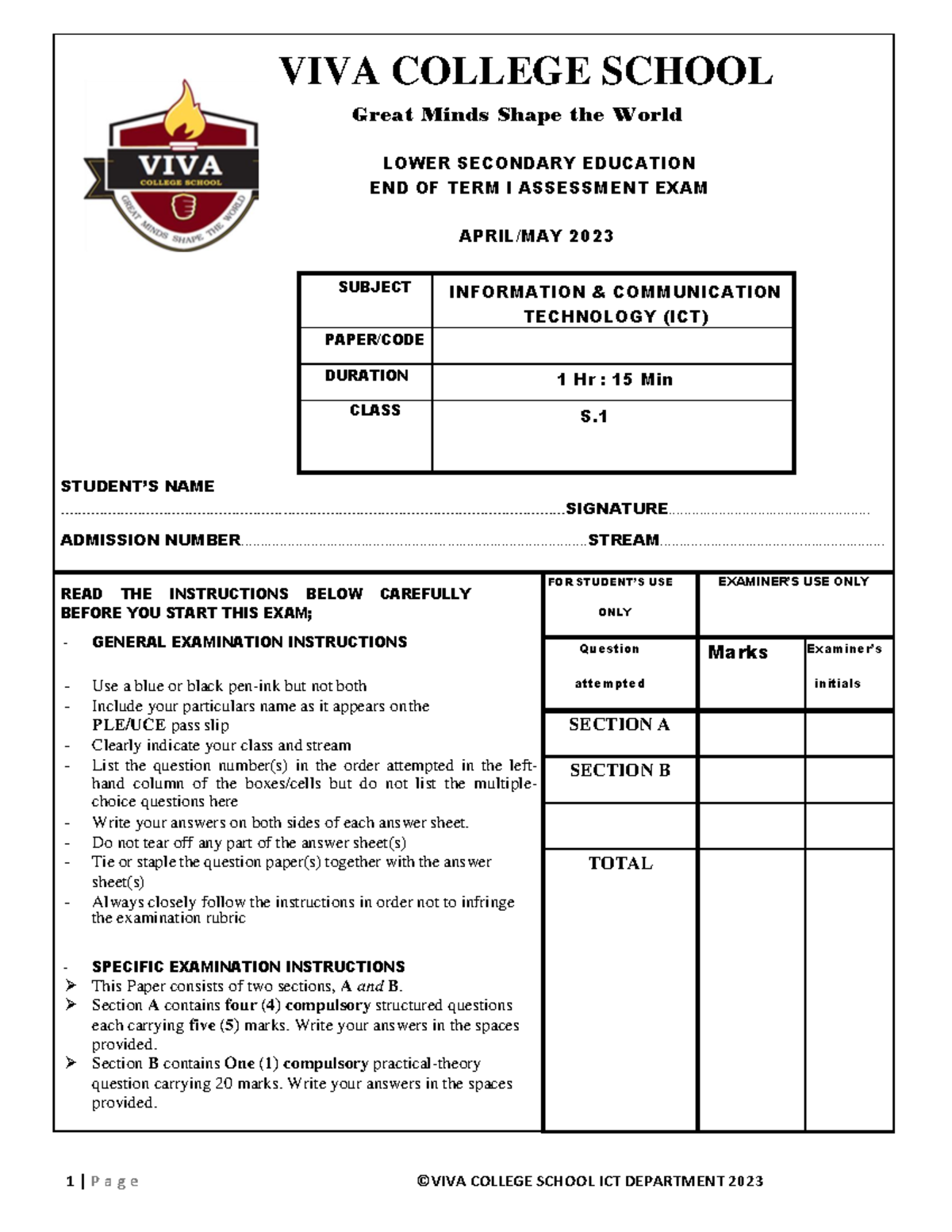 Senior ONE ICT End of Term I Assessment Paper 2023 - Studocu