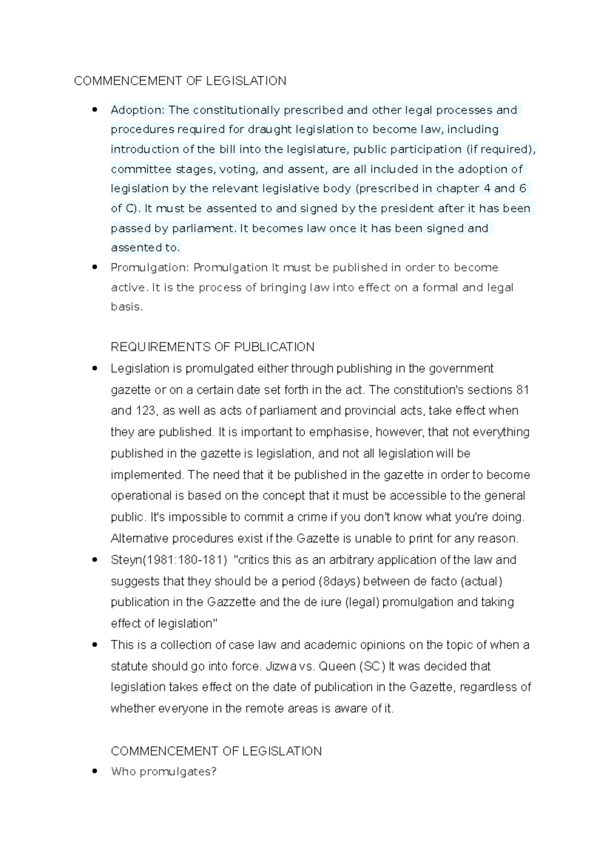 Commencement of Legislation: Adoption, Promulgation, and Effect - Studocu