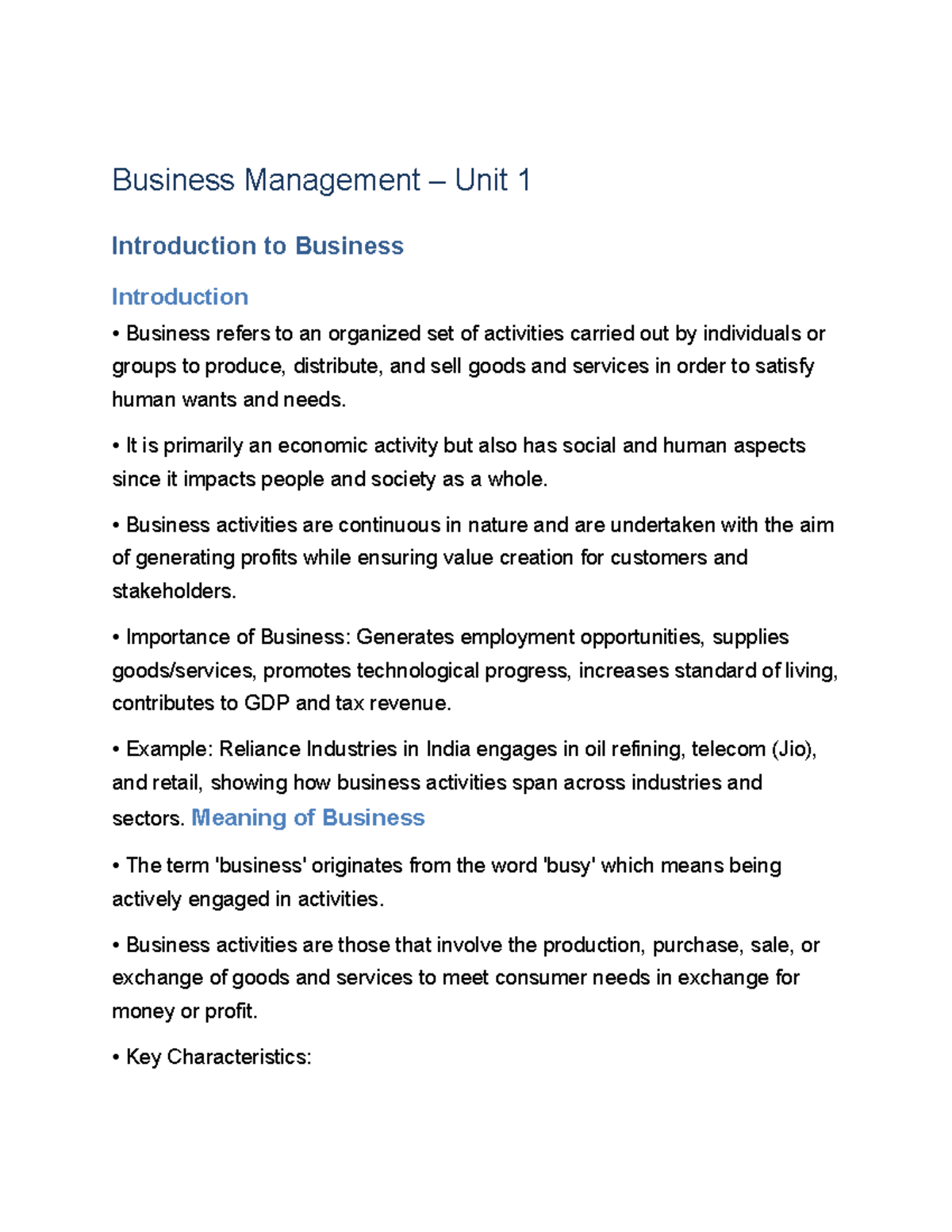 Unit 1 BM - Intro to Business Concepts and Characteristics - Studocu