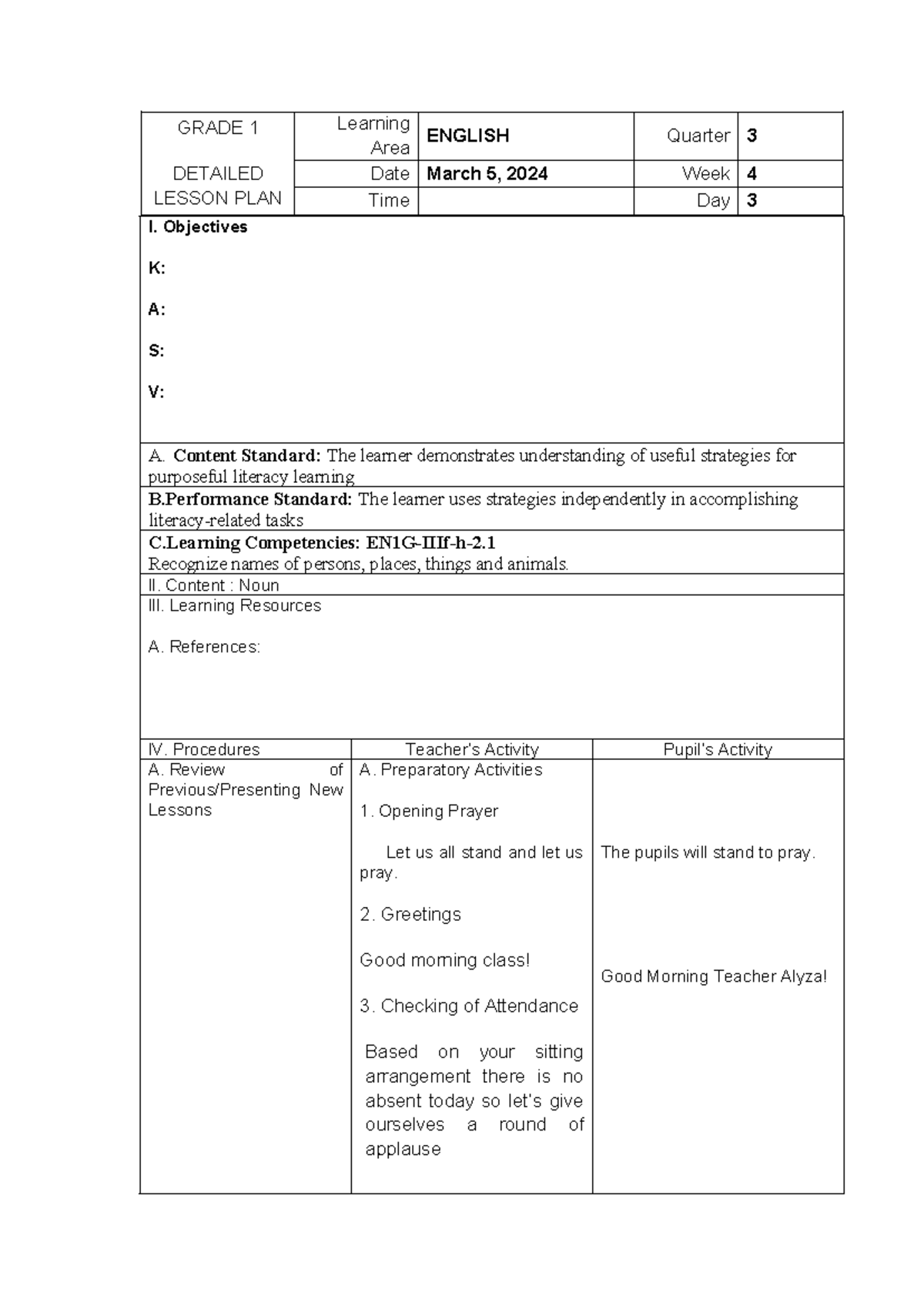 DLP English 1: Quarter 3 Lesson Plan for Grade 1 on Nouns - Studocu