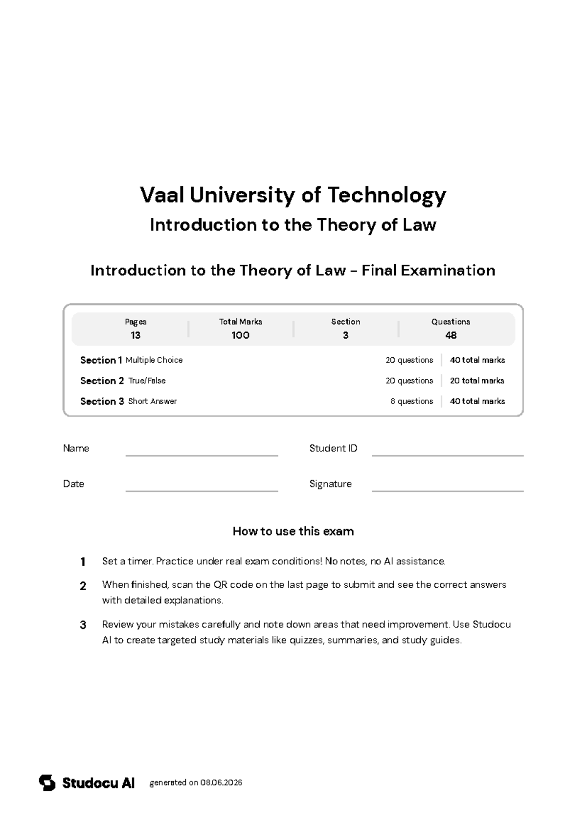 Introduction to the Theory of Law - Final Exam - Studocu