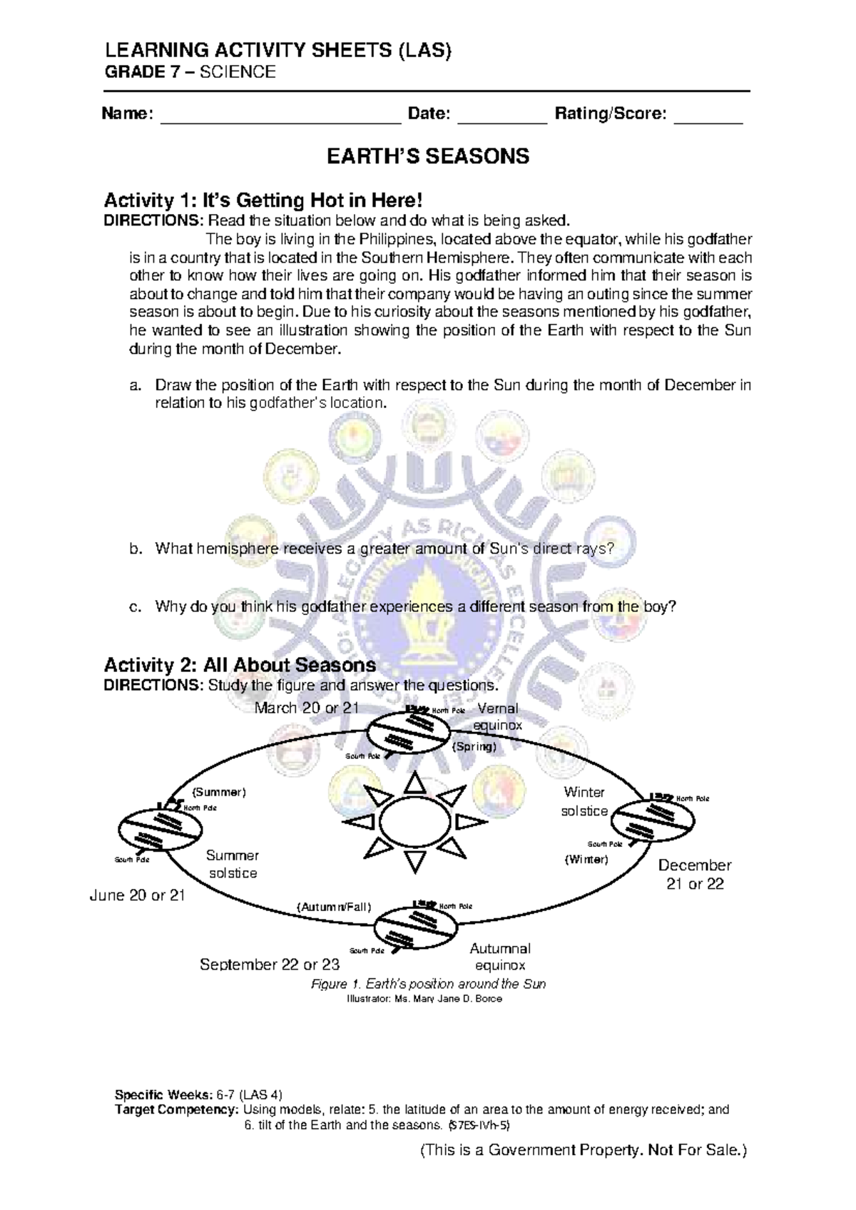 Q4 LAS 4 Grade 7 Science Learning Activity Sheets on Seasons - Studocu