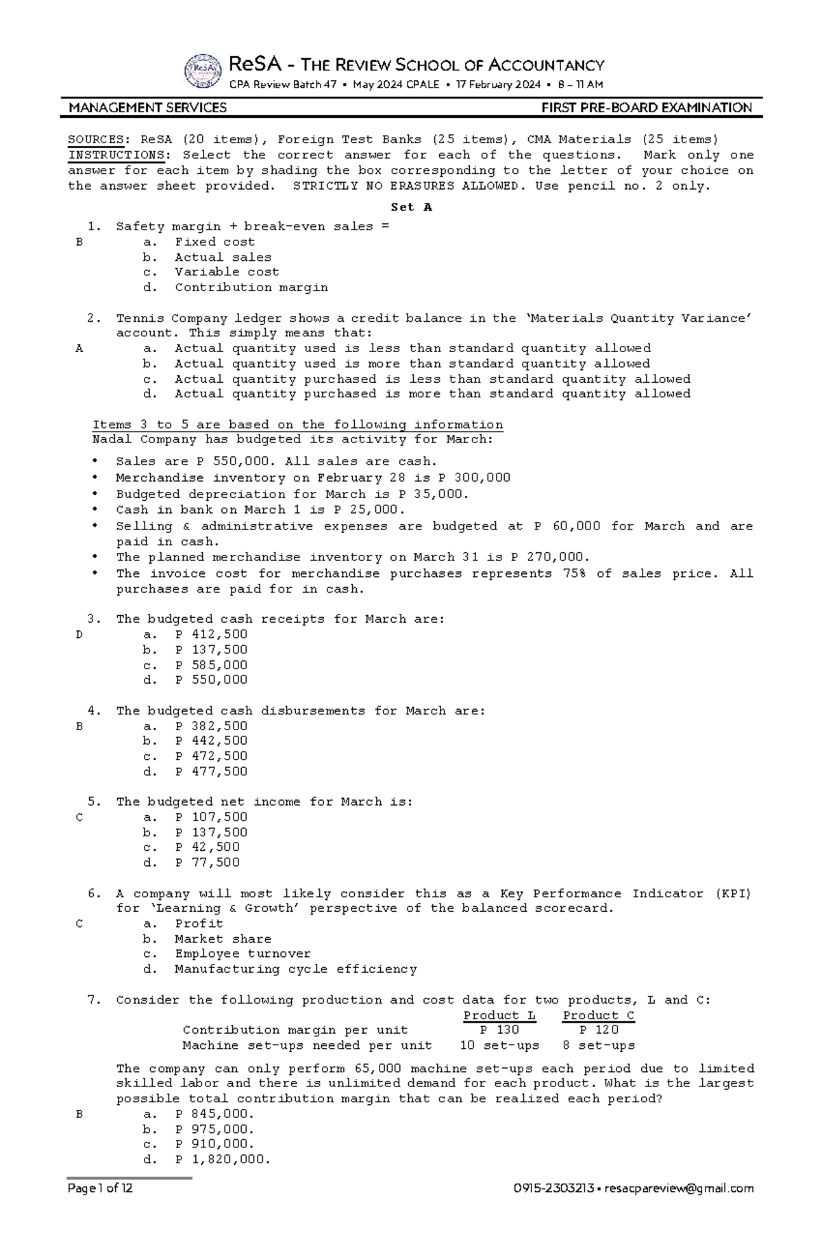 ReSA Batch 47 Management Services First Exam Review Notes CPALE 2024 ...