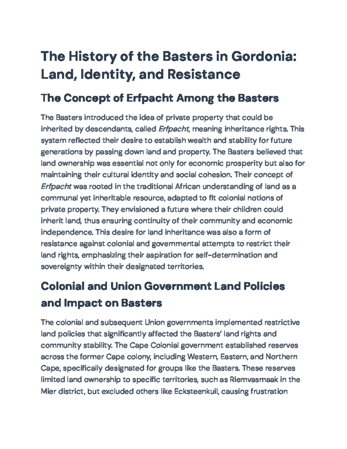The Basters in Gordonia: Land Rights, Identity, and Resistance (HIST ...