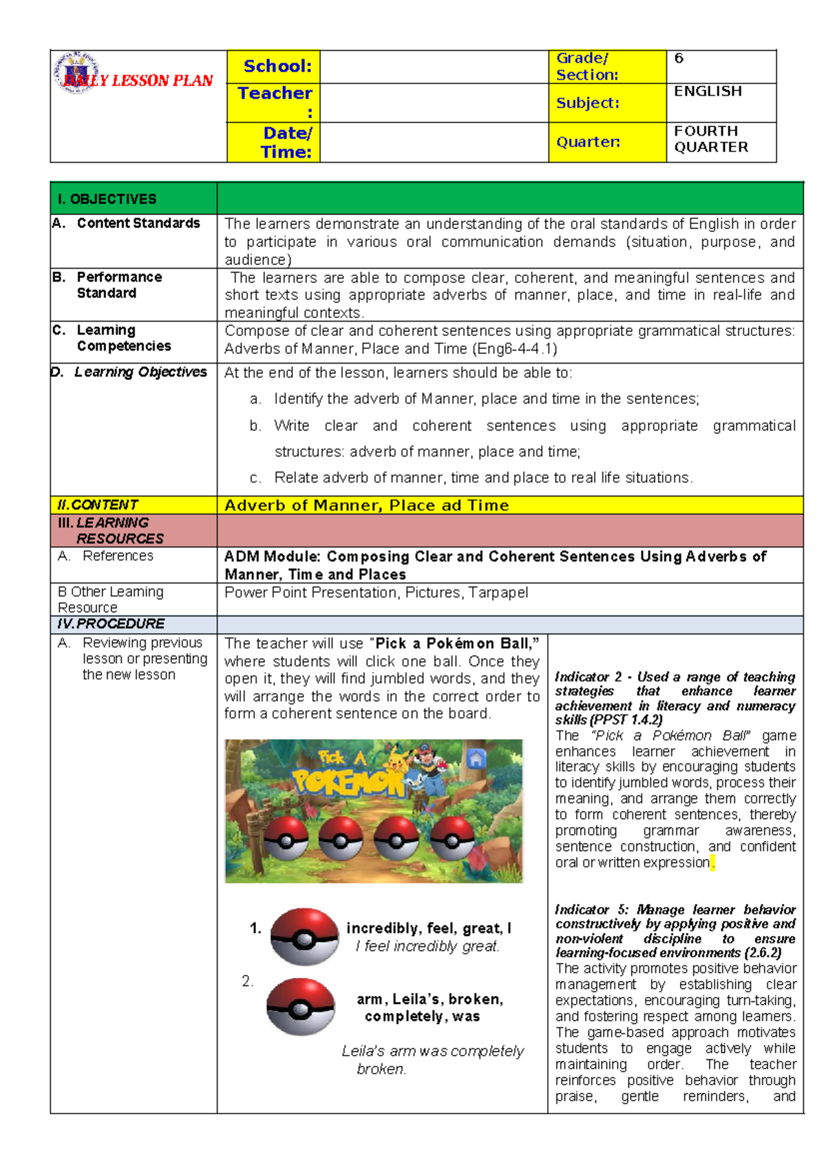 Adverbs of Manner, Place, and Time - Final Lesson Plan with Rubrics ...