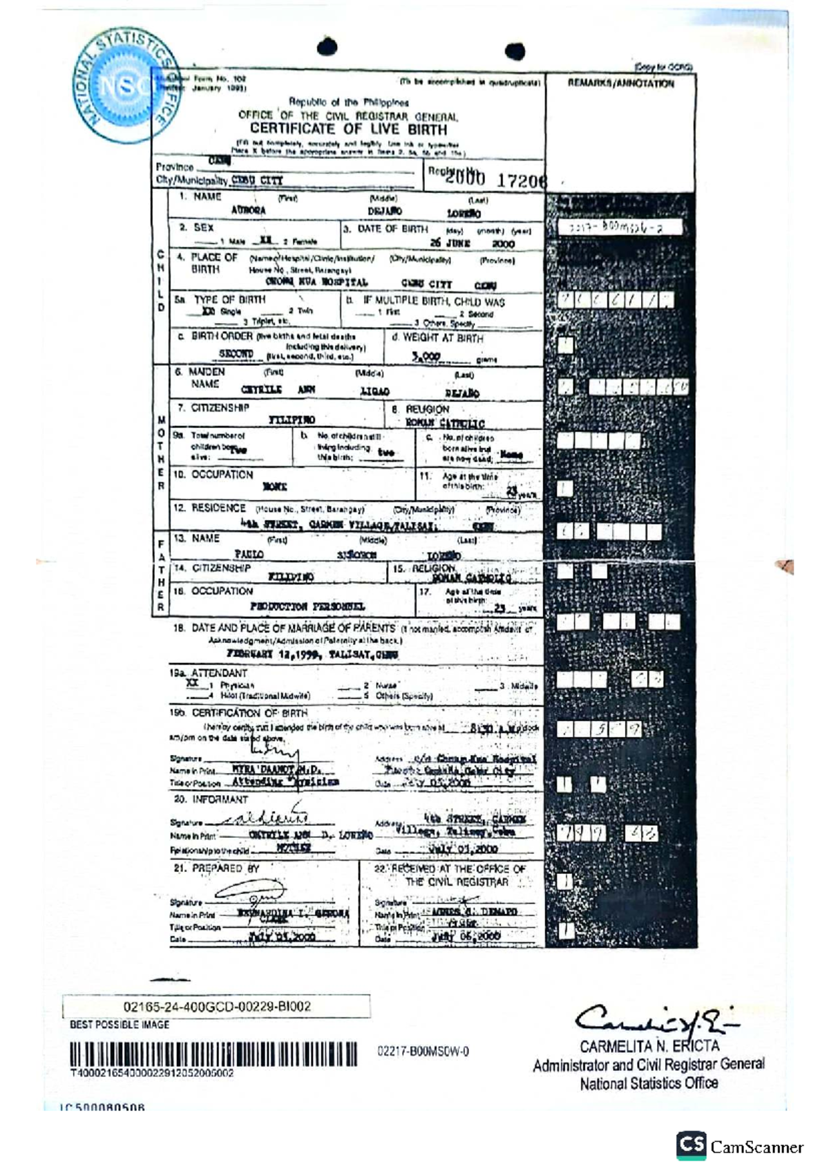 Certificate of Live Birth (Form No. 102) - Republic of the Philippines ...